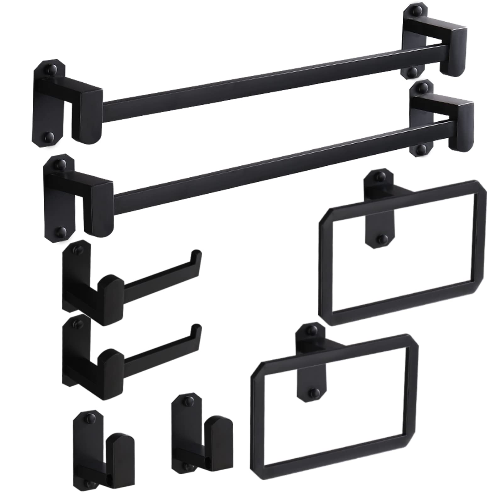 8Piece Matte Black Bathroom Hardware Set, 24inch Bathroom Towel bar+Towel Ring+Toilet Paper Holder+ Robe Towel Hook,Bathroom Accessory Set Matte Black Wall Mounted