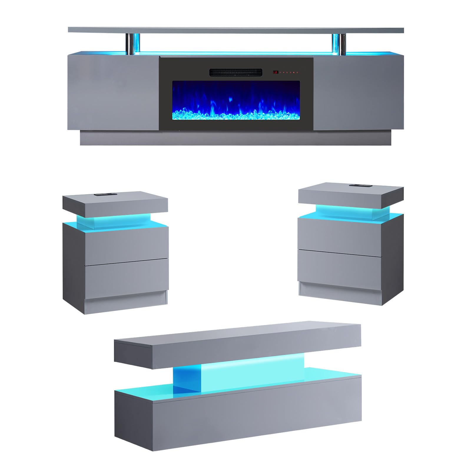 AMERLIFE 5 Piece Modern Living Room Table Set, Includes 70" Fireplace TV Stand, 2-Tier Coffee Table, 2 X Side Tables with Charging Station, LED Media Furniture, Grey