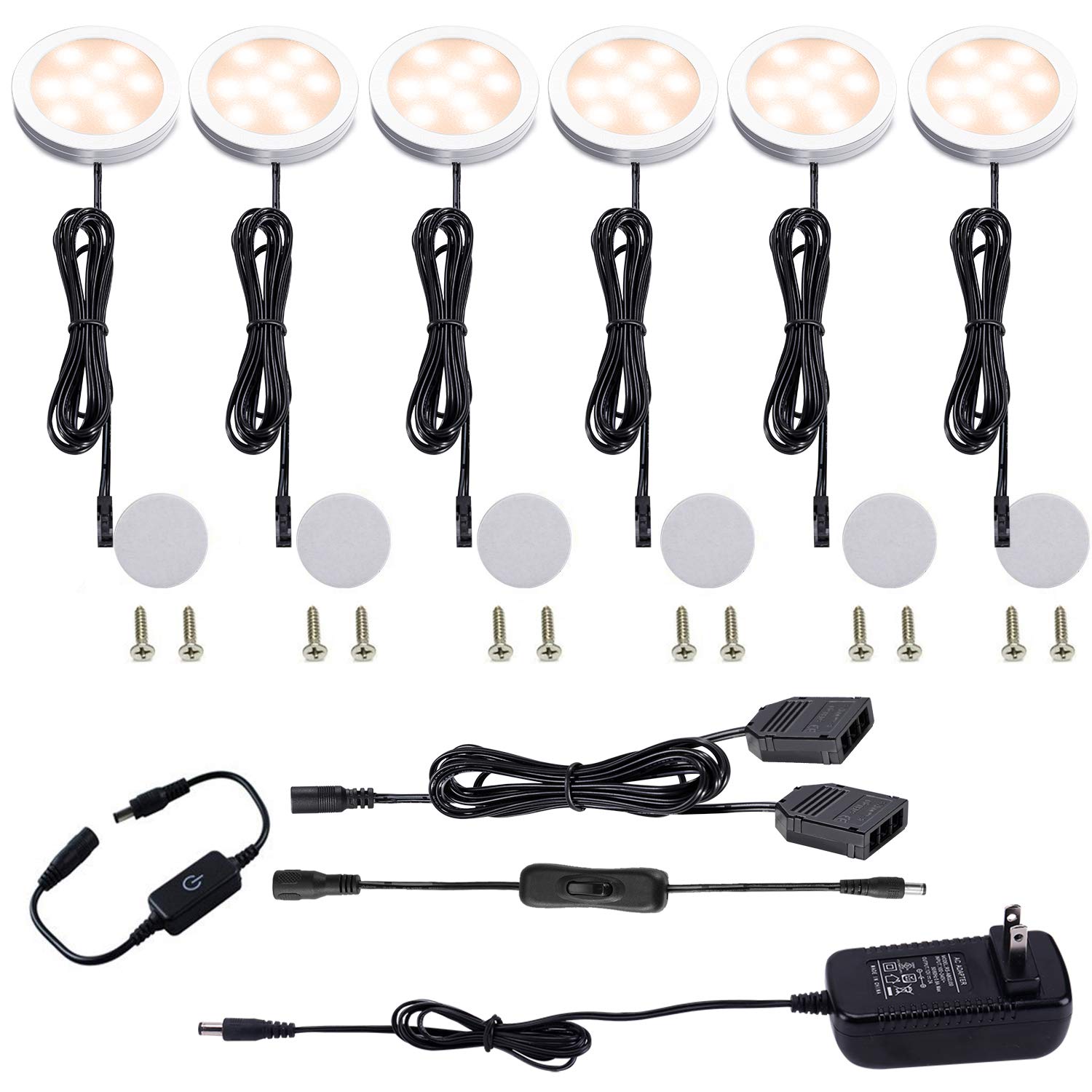 AIBOO Under Cabinet LED Puck Lights Kit with Touching Switch Dimmable for Kitchen Cupboard Closet Lighting (6 Lights,Warm White)