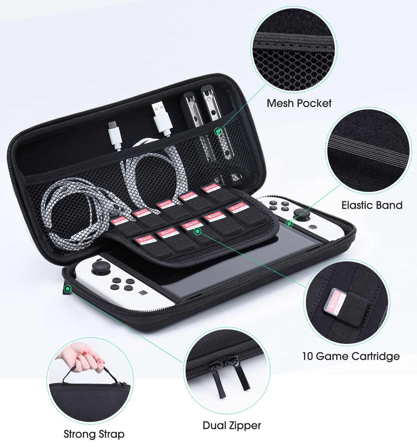 amFilm Switch OLED Accessories Bundle TechMatte 3-in-1 Essential Kit with Carrying Case, 2 Glass Screen Protectors, Designed for Nintendo Switch OLED Model 2021, Classic Black