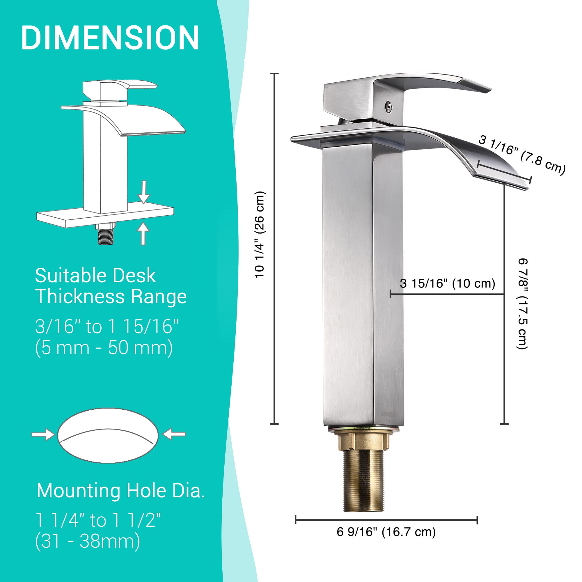 Aquaterior Waterfall Spout Single Handle Bathroom Vessel Sink Faucet with Mixer Tap One Hole Tall Bath RV Faucet Brushed Nickel(CUPC NSF CEC)