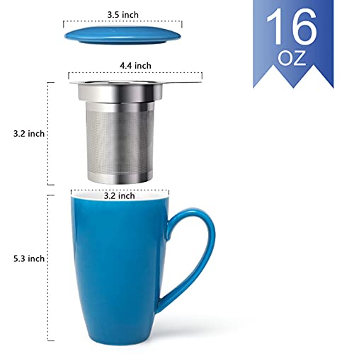 amhomel Porcelain Tea Mug with Infuser and Lid, 16 Ounce Ceramic Tea Cup for Loose Leaf, Coffee, Cocoa and Milk, Tea Gift for Tea Lovers, Set of 2(Blue and White)