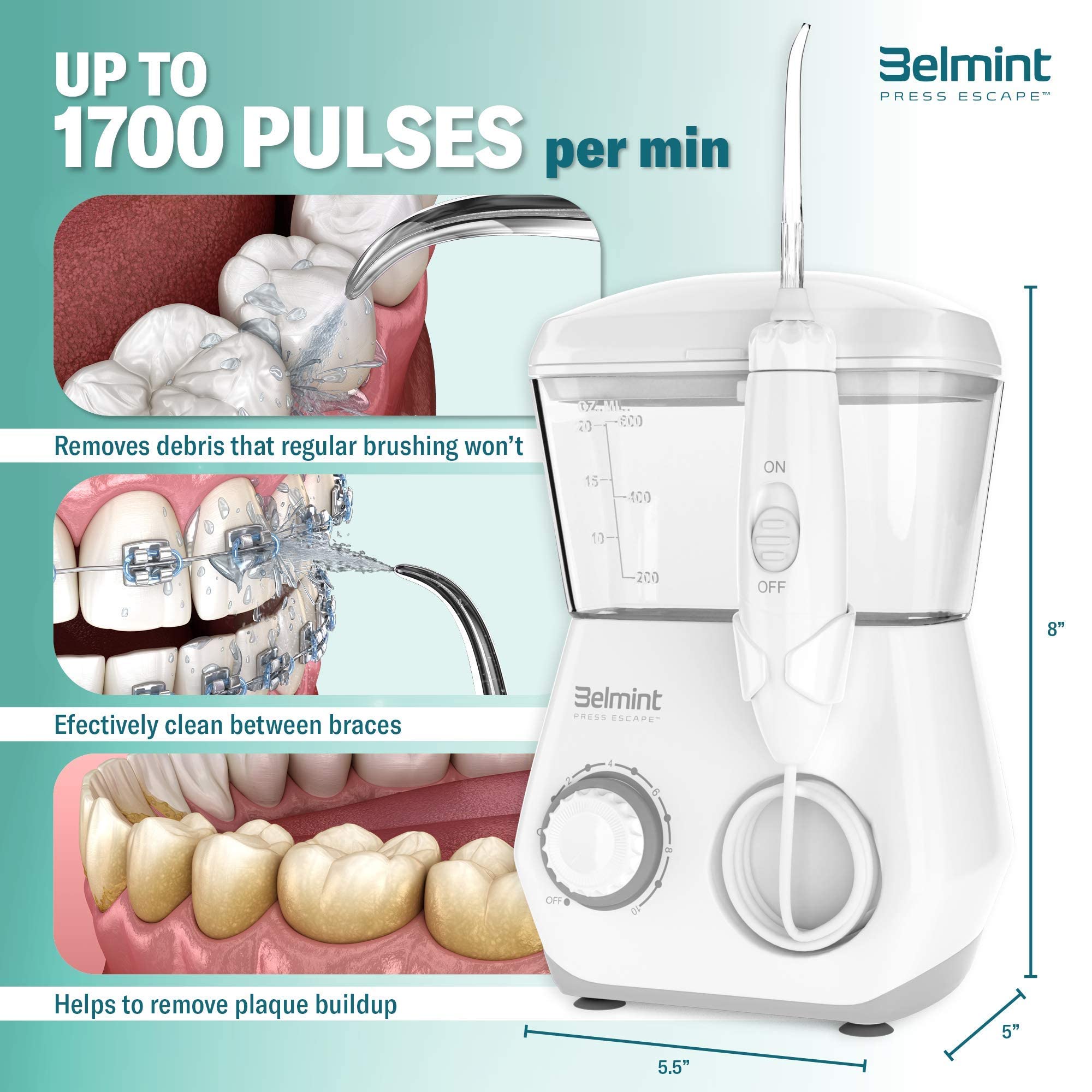 Water Flosser Teeth Cleaning - Countertop Oral Irrigator Teeth Cleaner for Braces & Bridges with 10 Adjustable Water Jet Pressures - 8 Multifunctional Tips, 600ml Capacity