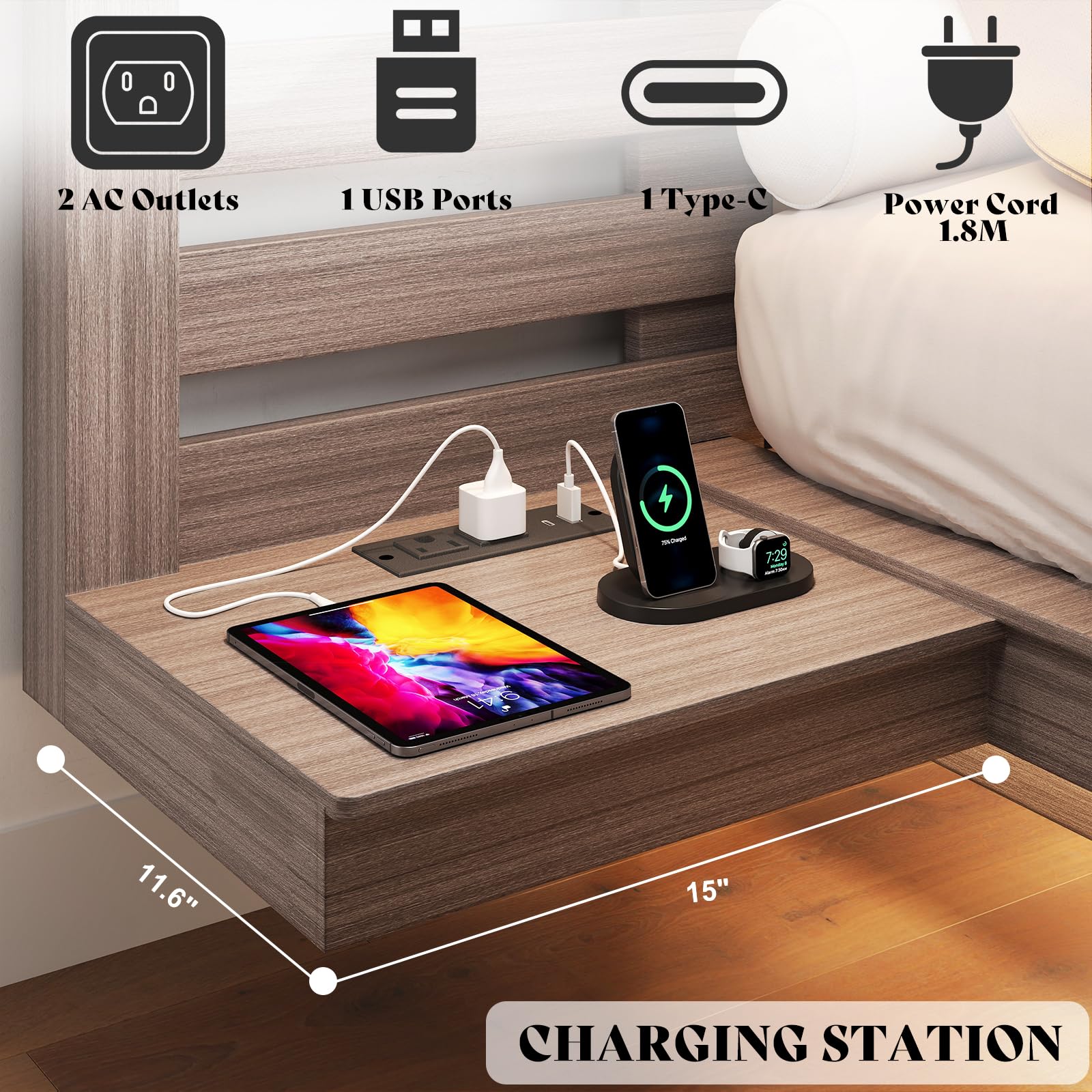 AMERLIFE Farmhouse Queen Floating Bed Frame with 96" Extended Headboard & Bedside Storage Shelf, Wood Platform Bed with LED Lights & Charging Station, No Box Spring Needed/Noise Free Taupe
