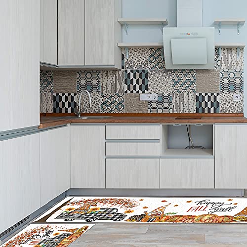 delaimastor Fall Gnome Pumpkin Decorative Kitchen Mats Set of 2, Fall Halloween Thanksgiving Rustic Yard Low-Profile Floor Mat for Kitchen, Gnome Plaid Maple Leaves Seasonal Decorative Floor Mat