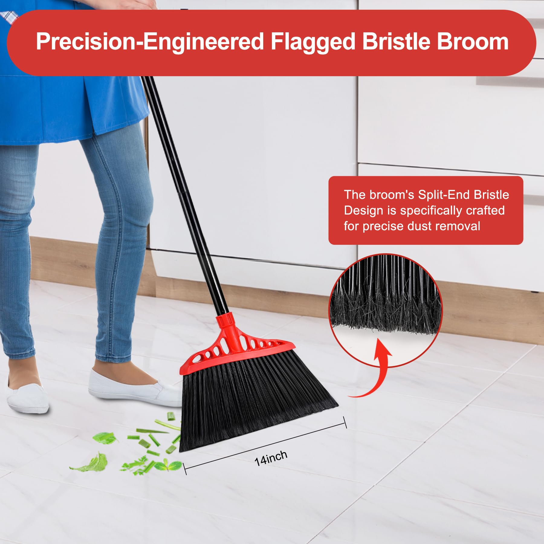 Tiumso Heavy Duty Broom, Outdoor Brooms, Commercial Broom for Sweeping Indoor, Kitchen Broom with 55" Long Handle, Angle Brooms for Patio Kitchen Shop Sidewalk - Black and Red