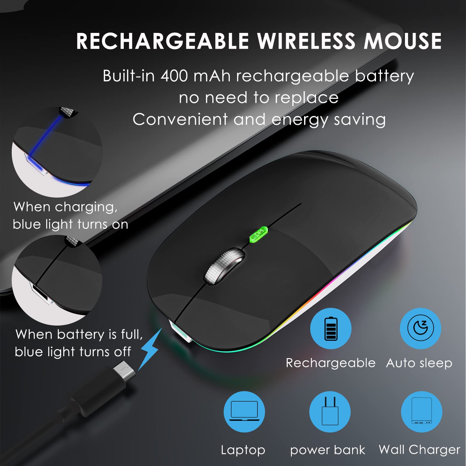 Attoe Wireless Gaming Mouse,Rechargeable Lightweight Honeycomb Gaming Mouse with RGB Backlit,USB Receiver,Ergonomic Grips,One-Click Desktop (White)… (4)