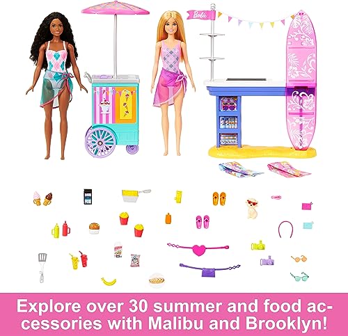 Barbie Dolls & Accessories Playset, Beach Boardwalk with Barbie “Brooklyn” & “Malibu” Dolls, Food Stand, Kiosk & 30+ Accessories