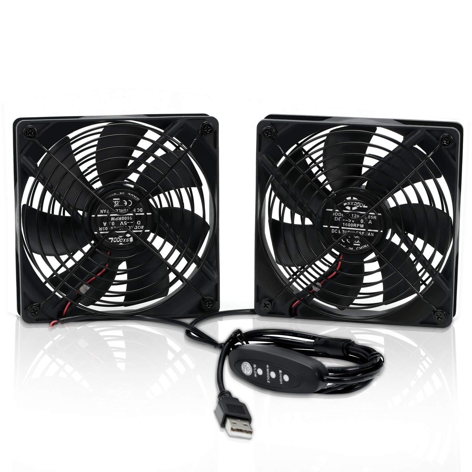 SXDOOL Dual 120mm DC 5V USB Computer Cooling Fan with Speed Controller, Ventilator Fan Compatible for Router Receiver DVR PlayStation Xbox Desk Computer Cabinet Silent Quiet Cooler