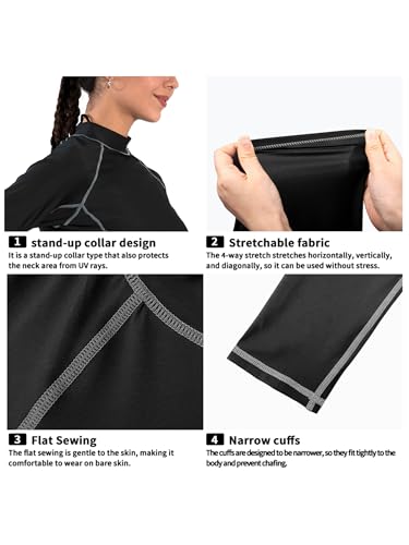 Actleis Women's Long Sleeve Rash Guard UPF50+ UV Sun Protection Quick Dry Swimming Surfing Shirts M Black