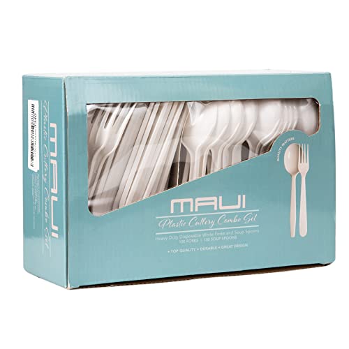 MAUI Plastic Forks And Spoons- Heavy Duty Disposable 100 Forks & 100 deep wide Soup Spoons(Set of 200 Total) - Strong Heavyweight Easy to Open Set - Good For Gathering & Parties Hard To Break by "Maui