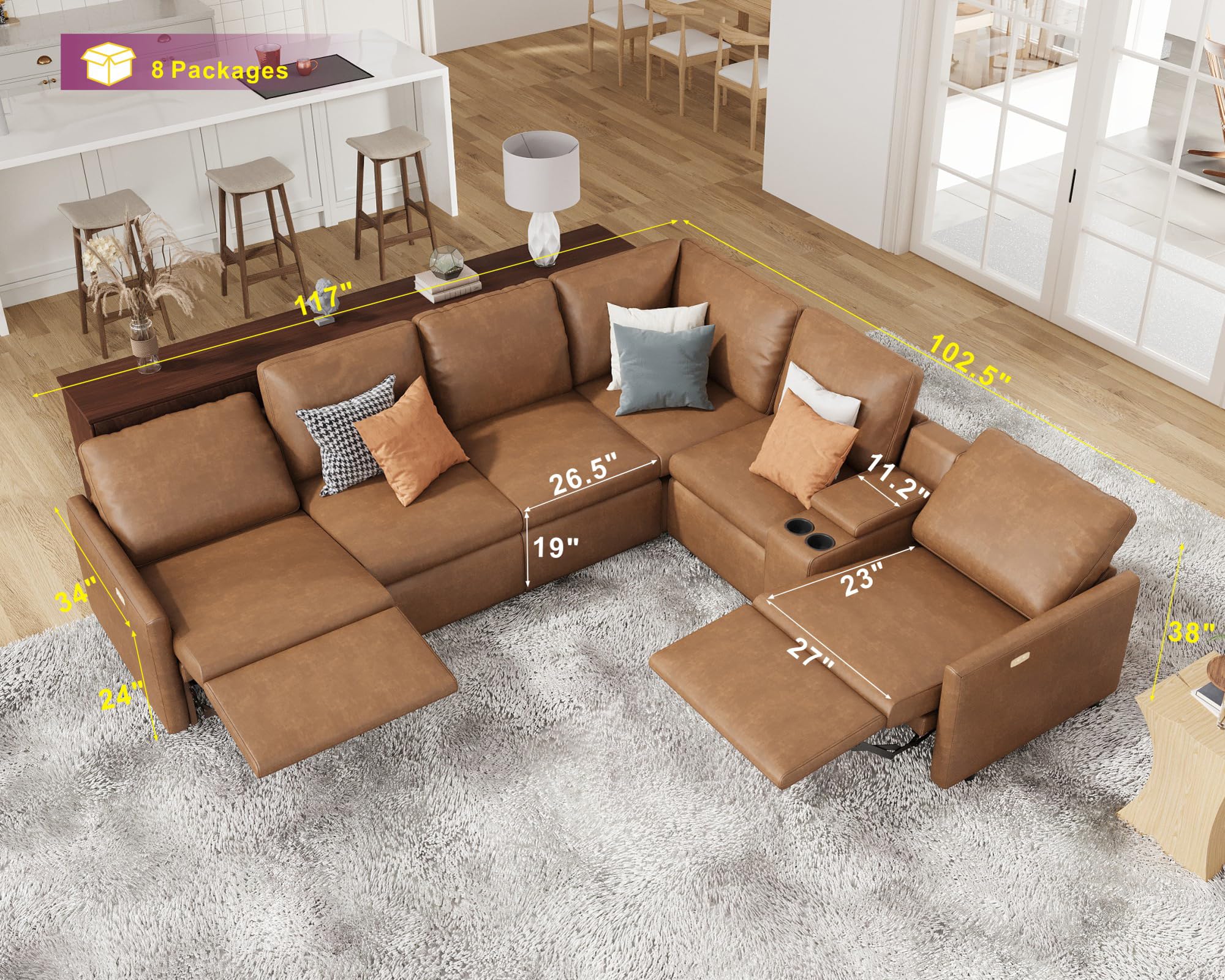 AMERLIFE Power Recliner, Reclining Sectional Couch with Console & Dual Recliner, 6 Seats Leather Modular Sofa with Cup Holder& Charging Socket, L Shaped Couch for Living Room
