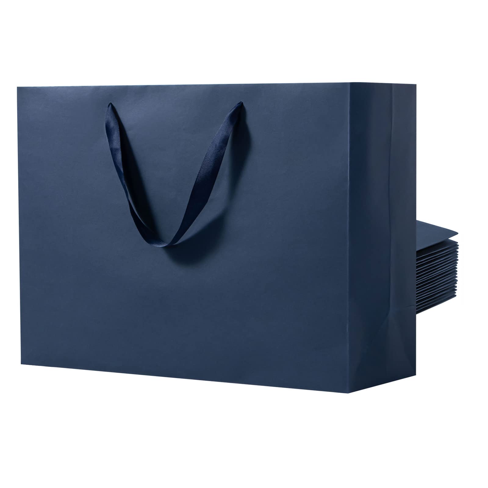 Katfort Large Navy Blue Gift Bag with Handles 12 Pack, 16''×6''×12'' Extra Large Gift Bag with Ribbon Handles, Reusable Heavy Duty Kraft Paper Bags Bulk for Shopping, Wedding, Party, Gift, Retail