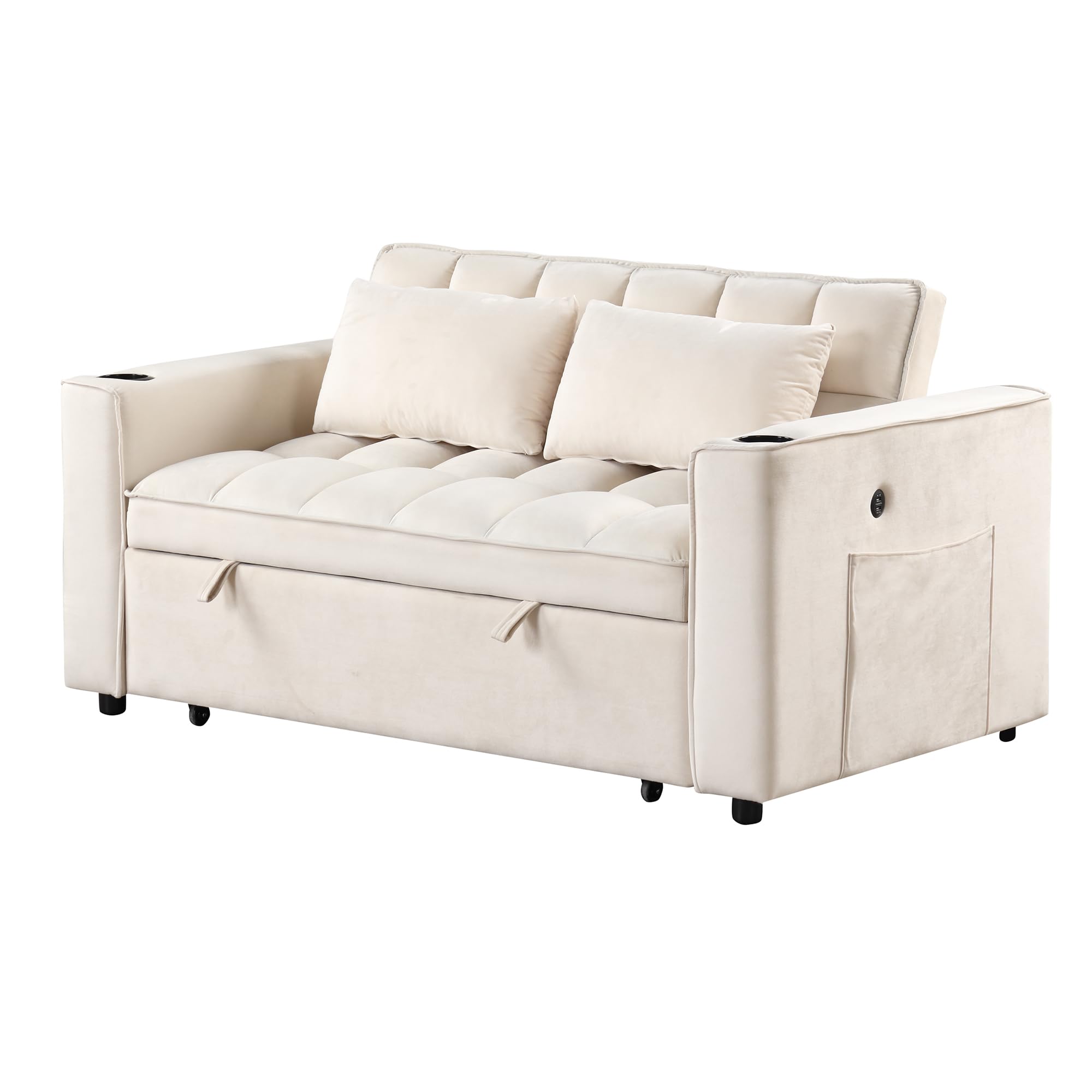 Merax 58" 4-1 Multi-Functional Velvet Sofa Bed with Cup Holder and USB Port for Living Room or Apartments Love Seats, Milky White