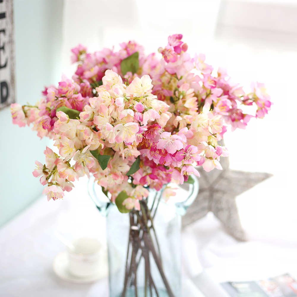 Artificial Flowers, Fake Flowers Silk Artificial Cherry Blossom Bridal Wedding Bouquet for Home Garden Party Wedding Decoration 3 Pcs (Red & Light Pink)