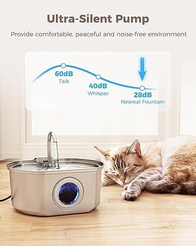 Cat Water Fountain Stainless Steel: 3.2L/108oz Large Automatic Quiet Pet Water Fountain - Dog Water Dispenser with Water Level Window - Multiple Pets - 4 Filter Replacement