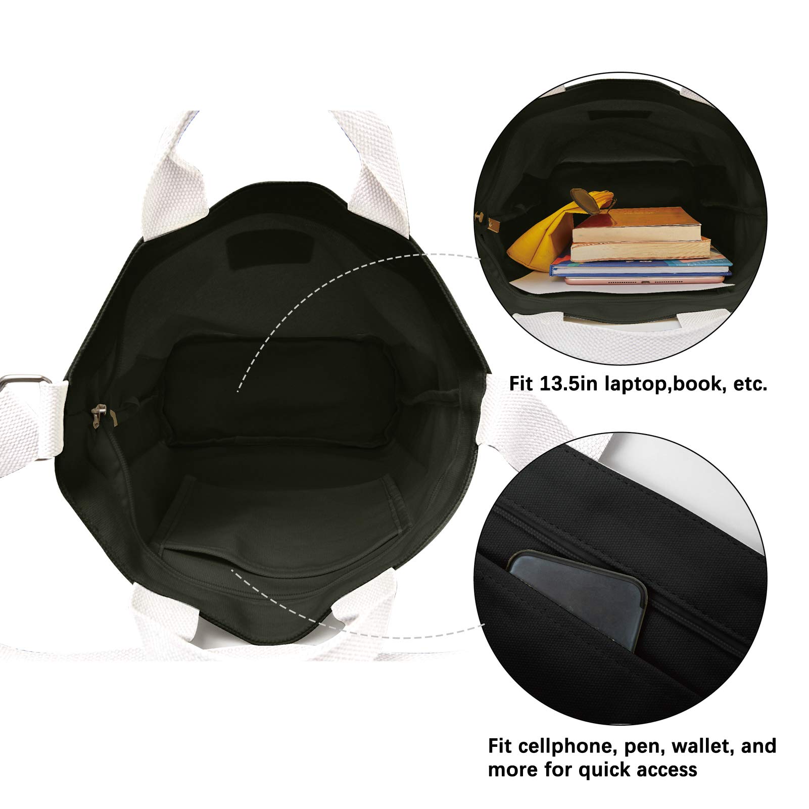 Canvas Tote Bag With Zipper And Pockets Casual Crossbody Planner Hobo Bags For Women, Black