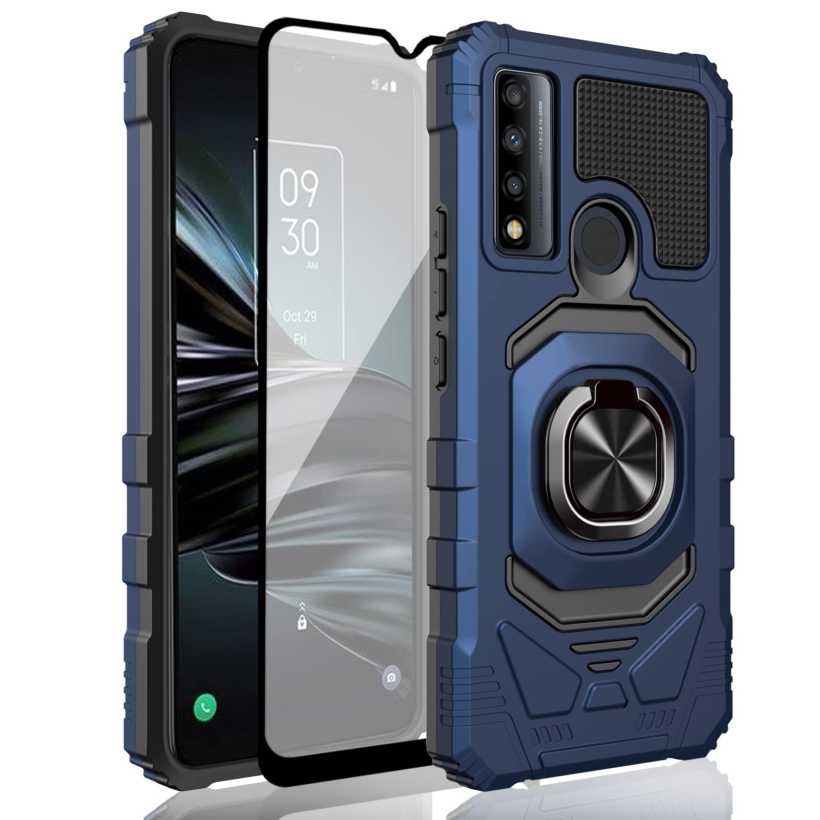 Ailiber for TCL 30XE 5G Phone Case, TCL 20R 5G Case with Screen Protector, Ring Kickstand for Magnetic Car Mount Military Grade, Heavy Duty Full Body Shockproof Protective Cover for TCL 30 XE-Blue