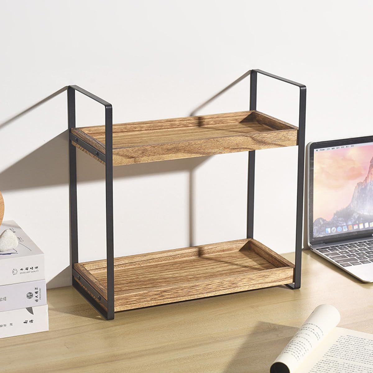 MOKIUER 2-Tier Bathroom Organizer Countertop Wood Bathroom Counter Organizer Shelf Skincare Organizers Cosmetic Storage, Standing Vanity Organizer Vanity Tray for Bathroom Kitchen Organization