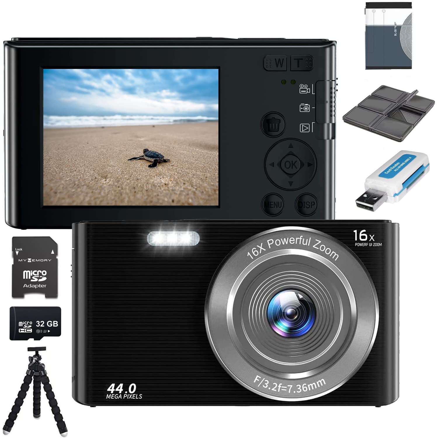 Acuvar 44MP Compact Point & Shoot Digital Camera, 16X Digital Zoom, 2.4 Inch Screen & 32GB SD Card, Card Reader, 6" Tripod & 6PC Card Holder Vlogging Camera for Kids Teens Students Boys Girl (Black)