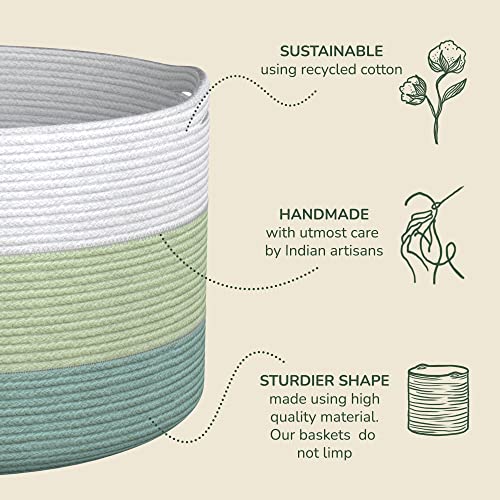 Eco Living Recycled Cotton Rope Basket - Multi-Purpose Woven Closet Storage Bins - Medium 11 X 11 X 11 Inches - Nursery & Kids Room Organizer - Fits 12X12β Cube Shelves - Set of 3 - White & Green