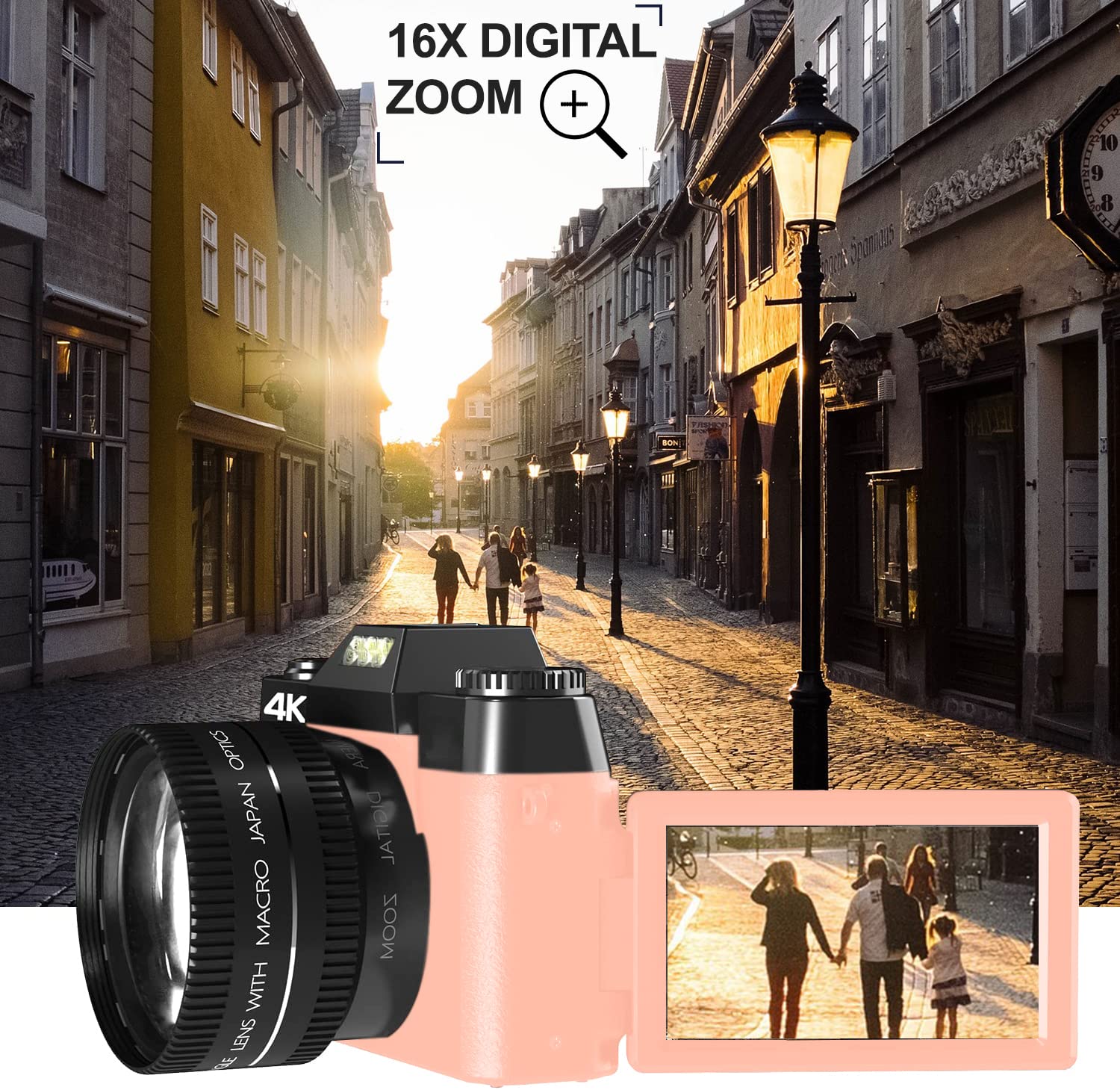 Acuvar 4K 48MP Digital Camera for Photography, Vlogging Camera for YouTube with 3.0’’ 180° Flip Screen, WiFi, 16X Digital Zoom, Wide Angle & Macro Lens, Rechargeable Battery, 64GB Micro SD Card Pink