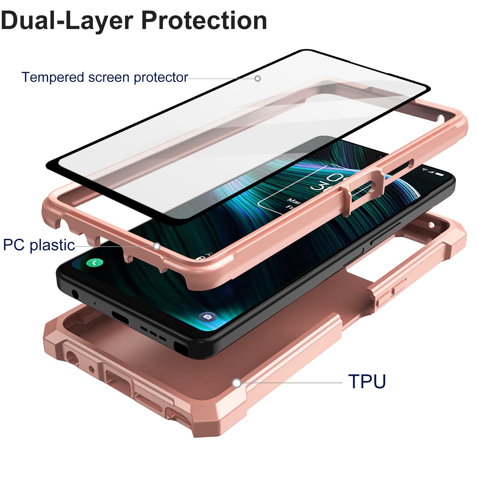 Ailiber for TCL Stylus 5G Case, TCL Stylus 5G(T779W) Phone Case with Screen Protector, Dual Layer Protection, Shockproof Corners TPU Bumper, Military Grade Protective Cover for TCL Stylus 5G-Rose Gold