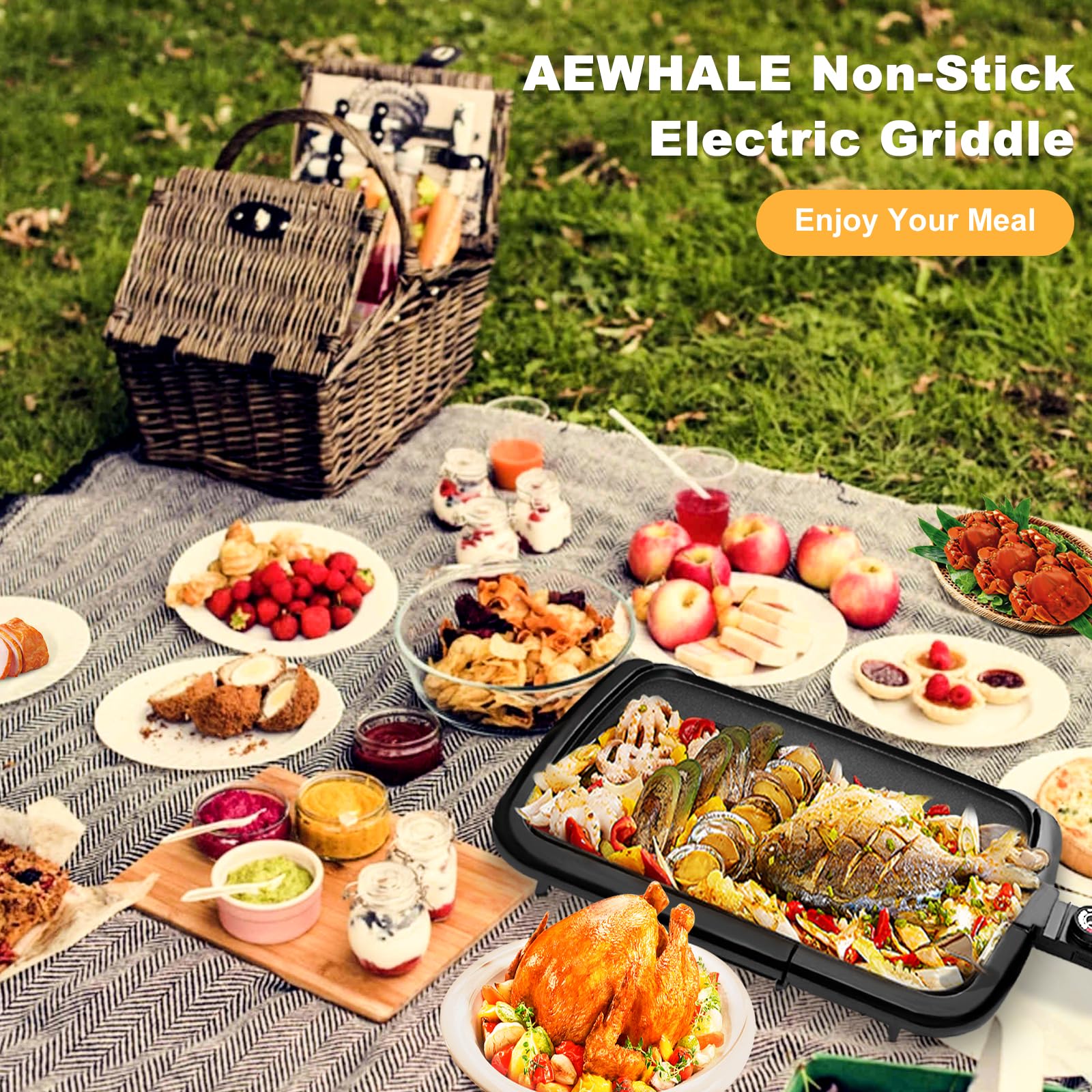 AEWHALE Electric Griddle with Nonstick Surface,Cool-touch Handles Pancake Griddle,Removable Temperature Control