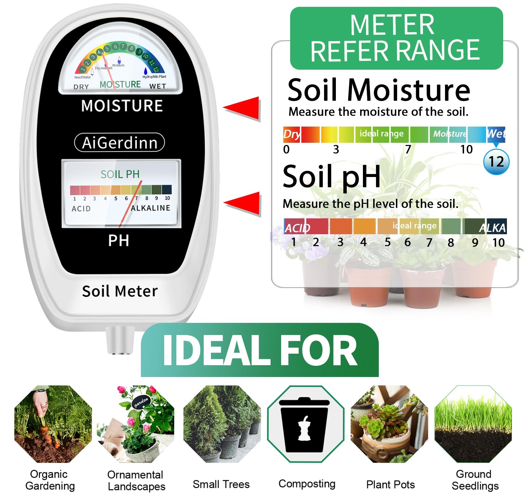 AiGerdinn Soil Test Kit, Soil Moisture Meter, Soil pH Meter -Dual Dial-Simultaneously-Display Results-Soil pH Tester, Moisture Meter for House Plants,Lawn,Garden,Farm Indoor&Outdoor- White