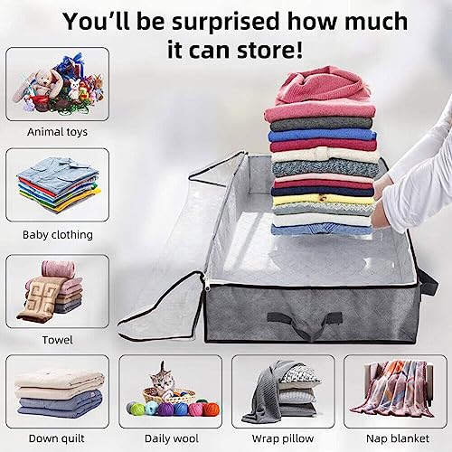 BRANDEGY Under Bed Storage Containers , 6 Pack Storage Bags – Sturdy Fabric, Clear Window and 4 Reinforced Handles – Underbed Storage Containers For Organizing Clothes, Bedding, Toys, Comforter, Towels And Pillows(Grey)