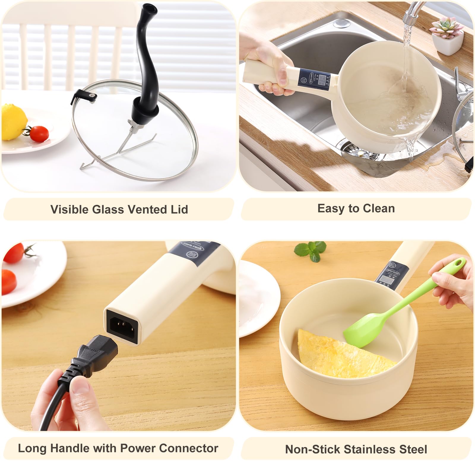 Multifunctional Electric Hot Pot Cooker, Upgraded Non-Stick Stainless Steel 1L Mini Portable Lazy Pot Popcorn Ramen Maker for Steak Egg Soup Travel with Long Handle Power Adjustment milky white