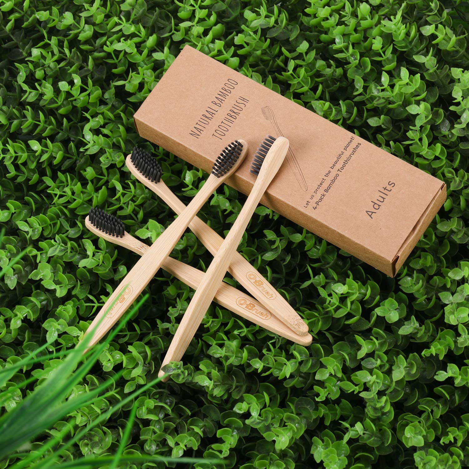 OBrush Bamboo Charcoal Toothbrush, Tooth Brush for Adult, Charcoal Bristles Bamboo Tooth Brush Biodegradable Handle with Medium Nylon Bristles ,Four Patterns,Set of 4