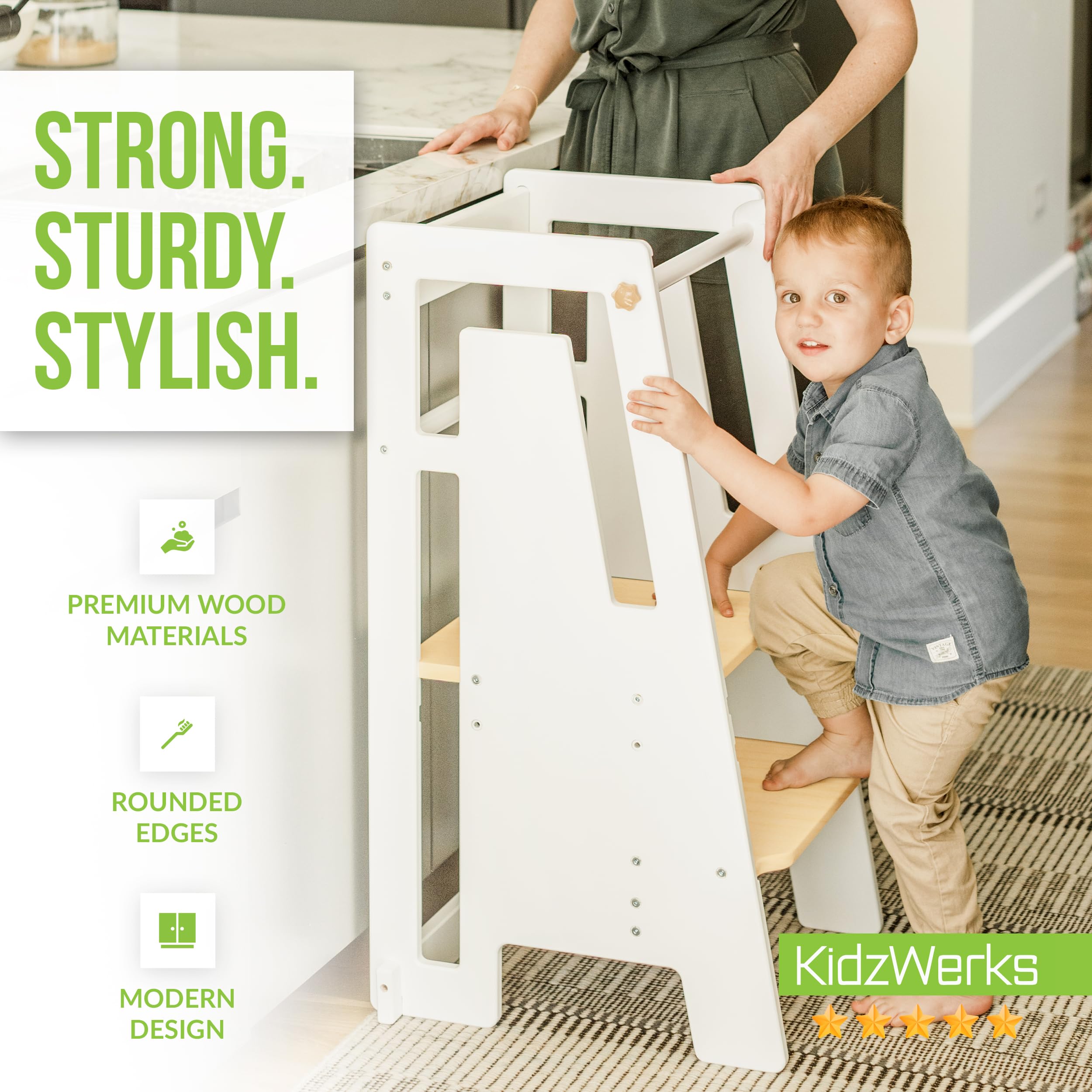 KidzWerks Modern Toddler Tower, Montessori Kitchen Step Stool, Sleek Modern Design Adjustable Standing Platform for Kitchen Counter - White/Wood Modern Standing Tower
