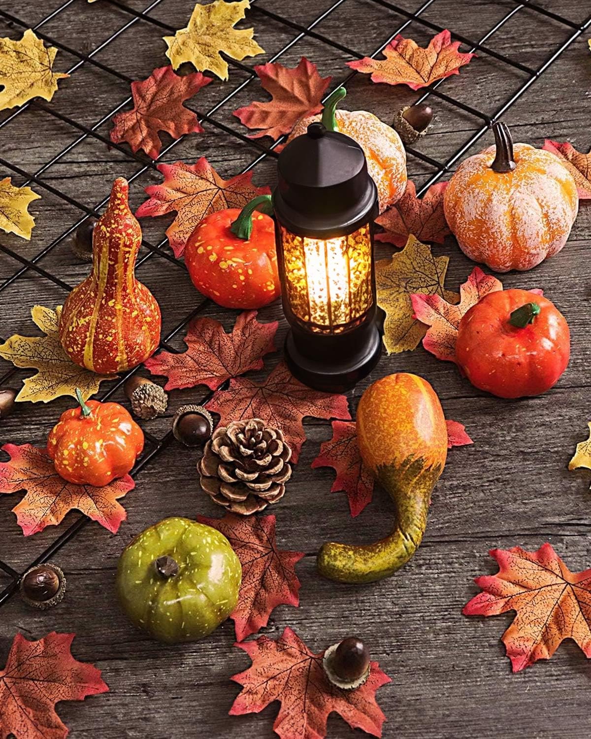 70PCS Fall Decor Artificial Pumpkins for Decorating, Foam Pumpkin Decor for Harvest Halloween Thanksgiving, Faux Pumpkin Decorations Set with 8 Fake Pumpkins+ 2 Pinecones+ 10 Pinecones+50 Fall Leaves