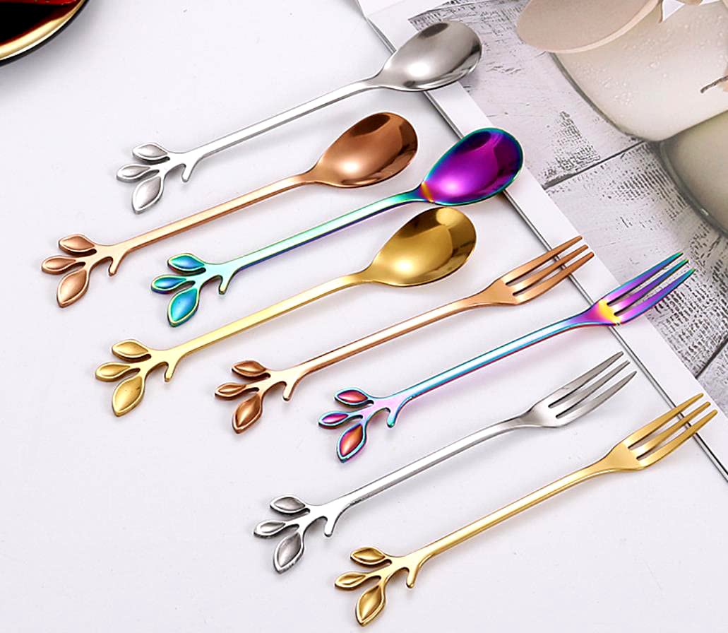 Anller 16 Pieces Stainless Steel Coffee Spoons Dessert Forks, Set of 8 Spoons 8 Forks, Rainbow