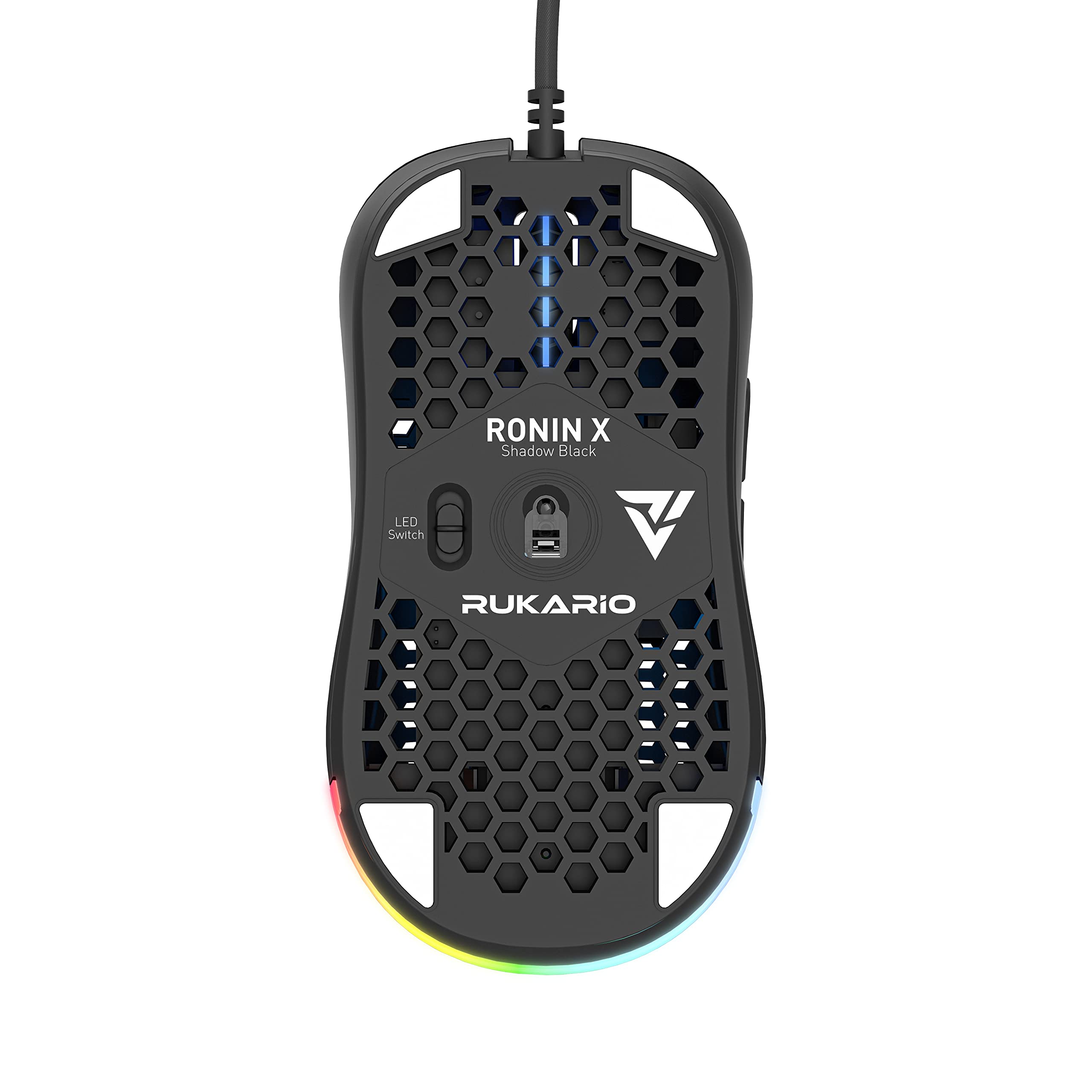 Rukario Ronin X PC Gaming Mouse (Shadow Black, Wired) - Ultra Lightweight Symmetrical Honeycomb Shell | RGB Led | PTFE Glides | Pixart 3360 Sensor | 6 Buttons | Weight 63G | Adjustable Settings