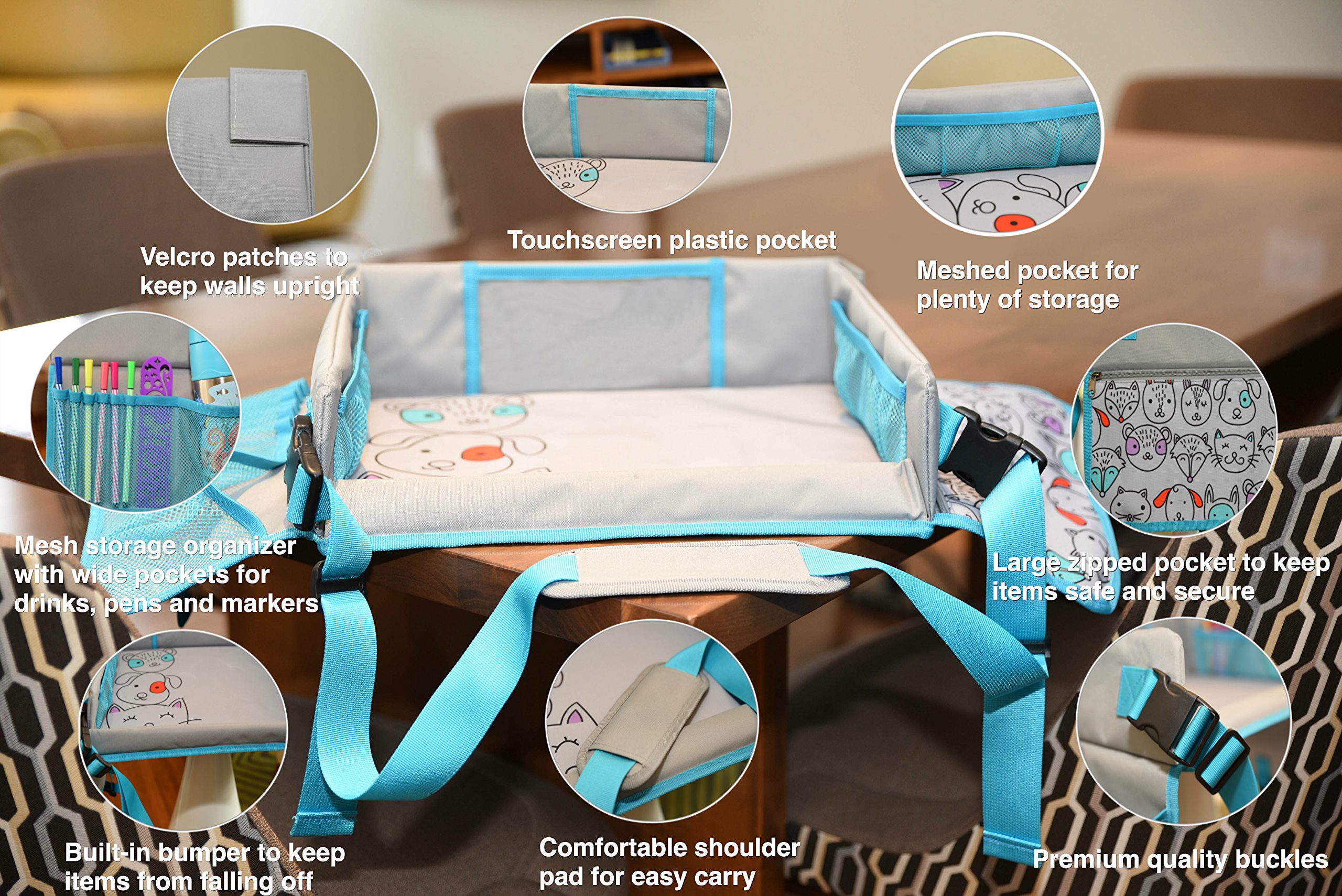 Kids Travel Tray by LillyCrafted-Premium Quality Toddler Car Seat Tray & Lap Table-with Touchscreen Phone & Tablet Holders-Toddler Activity Play & Snack Stroller Organizer-Perfect Travel Accessories