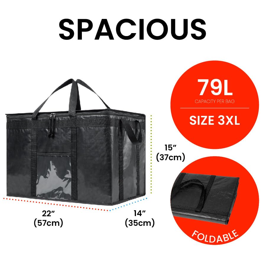 Durable 3XL PRO Insulated Cooler Bag and Food Warmer for Delivery & Grocery Shopping with Zippered Top, Black Commercial Grade (1 Pack)