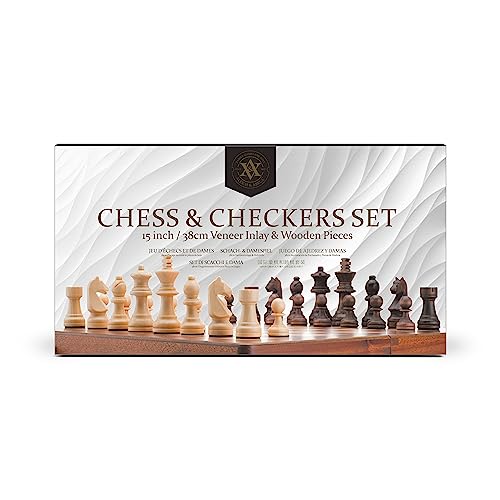 A&A 15 inch Wooden Folding Chess & Checkers Set w/ 3 inch King Height Staunton Chess Pieces - Mahogany Box w/Mahogany & Maple Inlay
