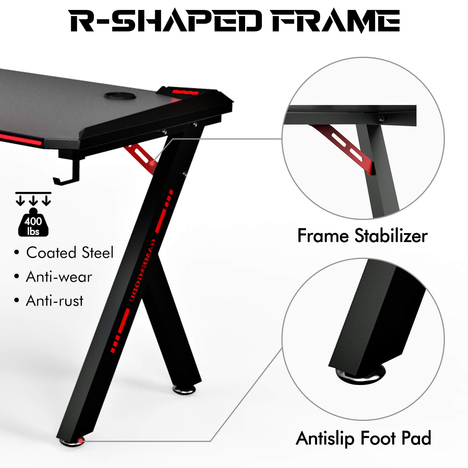 47 Inch Gaming Desk, Gaming Table PC Computer Workstation with LED RGB Lights, Headphone Hook and Cup Holder for Home, Black