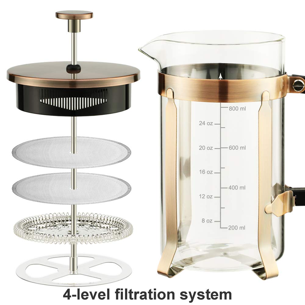 ADAMITA French Press Coffee Maker 8 cups 34 oz 304 Stainless Steel Coffee Press with 4 Filter Screens, Easy Clean Heat Resistant Borosilicate Glass - Free 100% BPA (A-Style-Copper-3A, 34 oz)