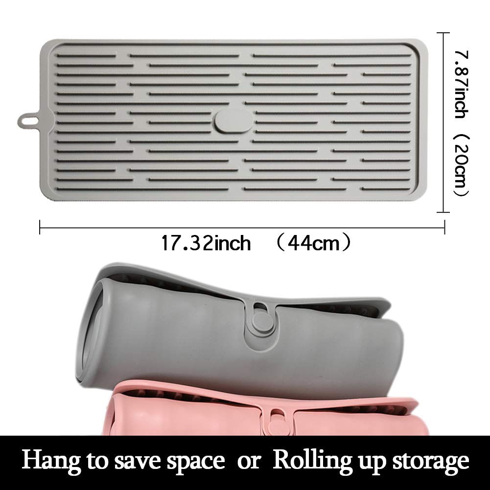 Dish Mat Silicone Dish Drying Mats Works For Drying Stemware Cocktail Glasses Silverware Pots Pans Knives and Dish Rack for Kitchen Counter Sink Bar Pads Easy to Clean 17.3"*7.9"*0.2" (Gray)