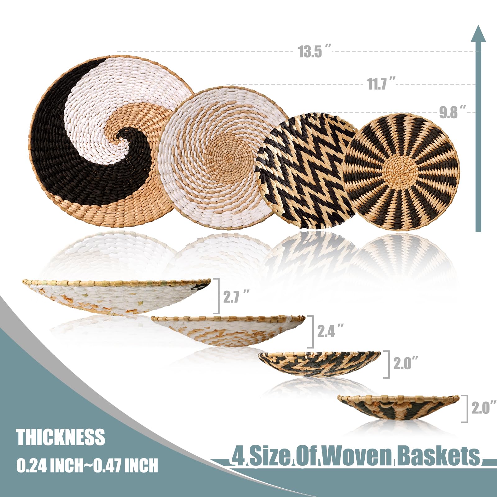 Hanging Woven Wall Basket Boho Decor Set, 4 Unique Handmade Seagrass Rattan Round Baskets Wall Decoration for Home Living Room Bedroom Rustic Coastal Farmhouse - Ready to Hang with Nails Included