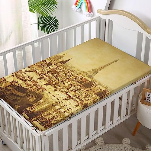 Eiffel Tower Themed Fitted Mini Crib Sheets,Portable Mini Crib Sheets Soft Toddler Mattress Sheet Fitted - Great for Boy or Girl Room or Nursery,24β x38β,Brown