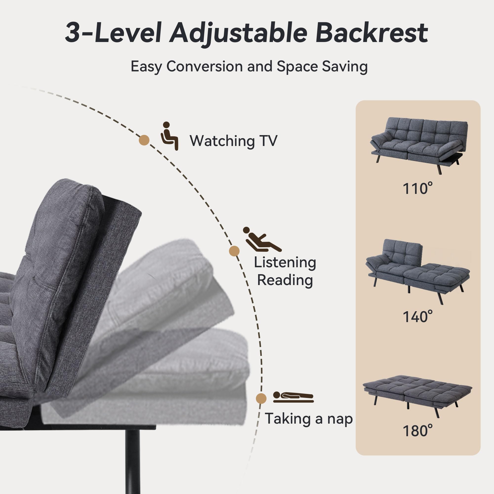AMICLIBER Convertible Futon Sofa Bed Couch,Linen Fabric Memory Foam Futon Couch,Loveseat Sleeper Sofa Bed,Small Splitback Modern Sofa Couch for Living Room,Office,Apartment,Deep Grey