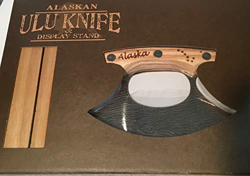 Arctic Circle Alaska Ulu Wood Handle Dipper Design Forged Damascus Blade Wood Stand
