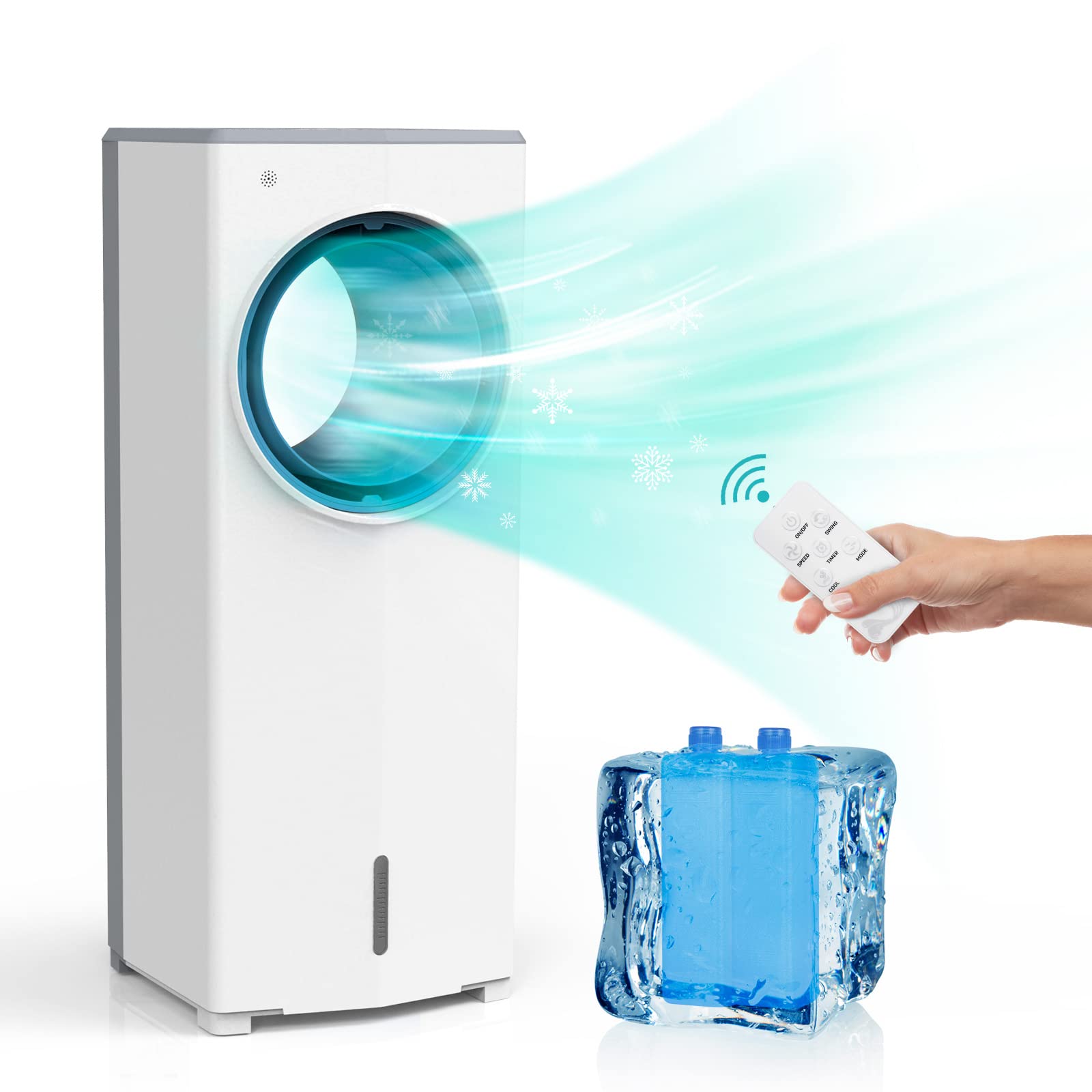 Evaporative Air Cooler, Bladeless Tower Fan & Humidifier with 3 Modes, Portable Swamp Fan with Oscillation, 3 Speeds, 1 Gallon Water Tank, Remote Control, Timer, for Home Indoor