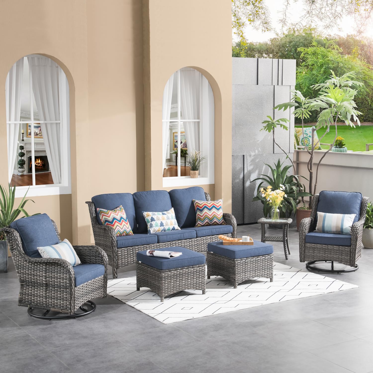 6 Piece Outdoor Patio Furniture Set Wicker Conversation Bistro Set Swivel Rocking Chairs with Side Table and Ottomans for Backyard, Porch, Balcony,Grey Wicker Denim Blue