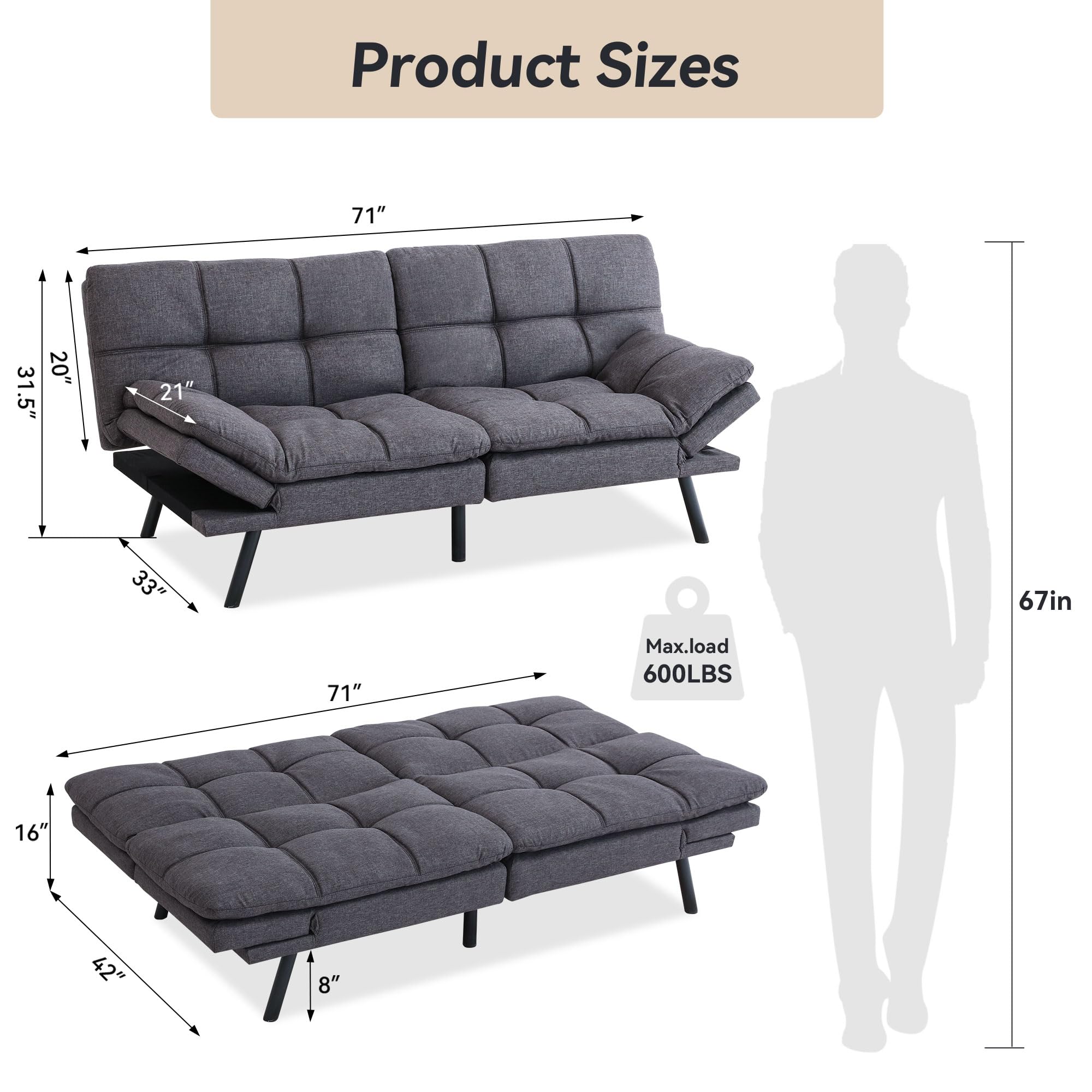 AMICLIBER Convertible Futon Sofa Bed Couch,Linen Fabric Memory Foam Futon Couch,Loveseat Sleeper Sofa Bed,Small Splitback Modern Sofa Couch for Living Room,Office,Apartment,Deep Grey