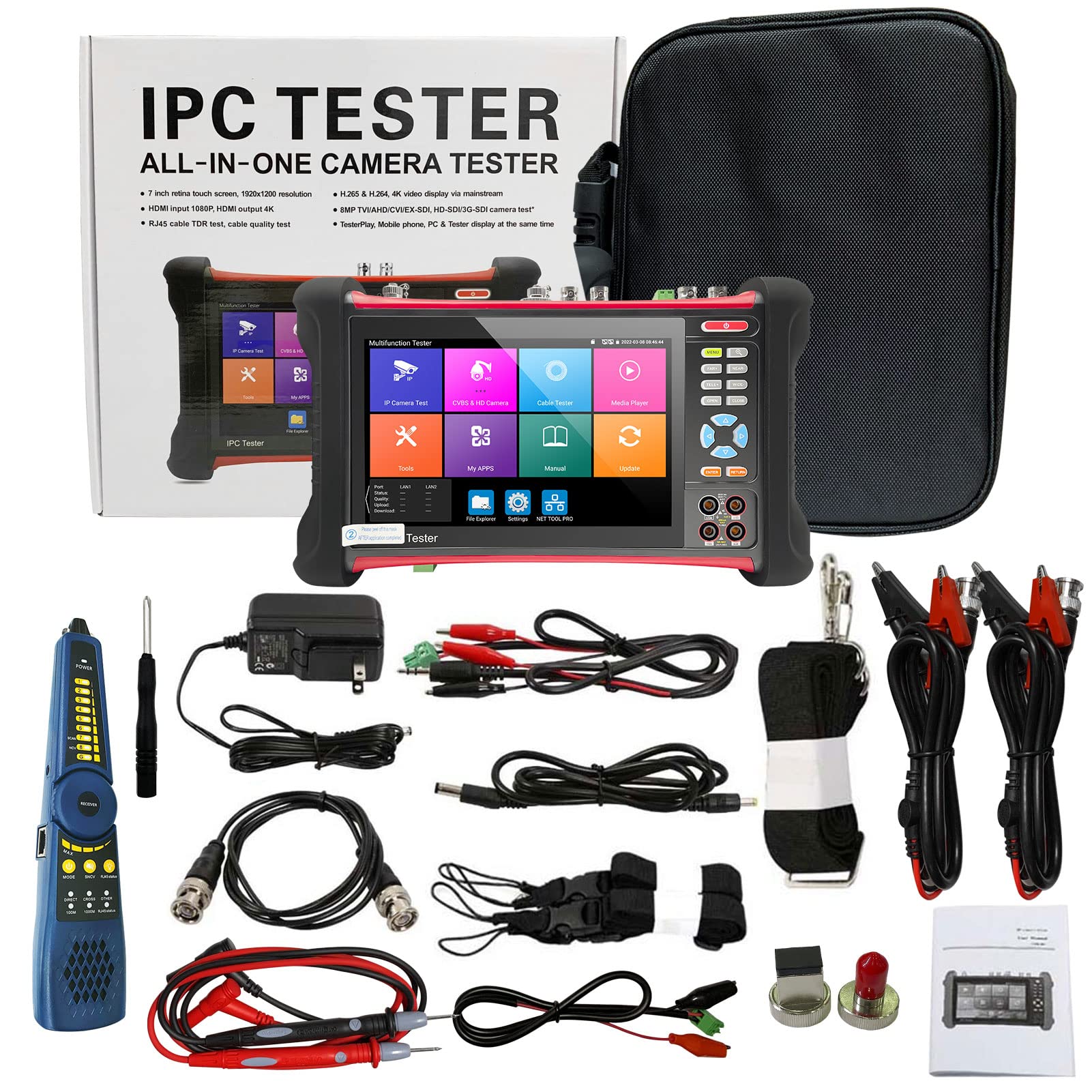 Rsrteng CCTV Tester Upgraded Version 8K IP Camera Tester CCTV Camera Tester with TVI CVI AHD SDI Coaxial Camera Test Networl Tools Cable Tester Support DMM OPM TDR POE HDMI DC24V Dual Network Port